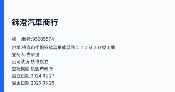 鉌澄汽車商行的照片-統編 95005574(桃園市) 公司登記資料與營業項目詳細圖表