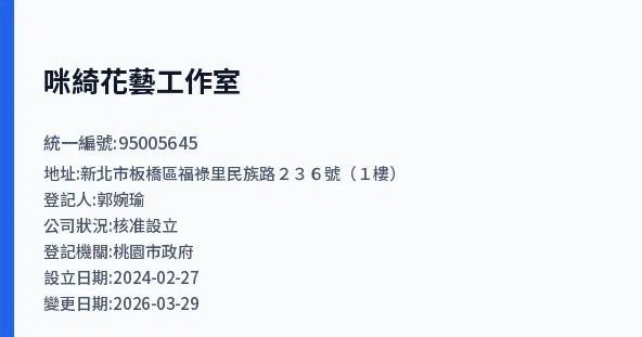 咪綺花藝工作室的照片-統編 95005645(新北市) 公司登記資料與營業項目詳細圖表