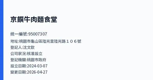 京饌牛肉麵食堂的照片-統編 95007307(桃園市) 公司登記資料與營業項目詳細圖表