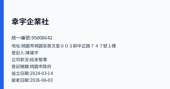 幸宇企業社的照片-統編 95008642(桃園市) 公司登記資料與營業項目詳細圖表