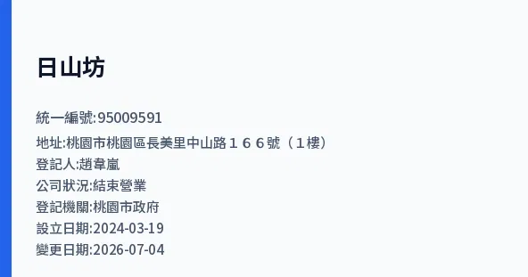 日山坊的照片-統編 95009591(桃園市) 公司登記資料與營業項目詳細圖表