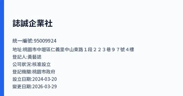 誌誠企業社的照片-統編 95009924(桃園市) 公司登記資料與營業項目詳細圖表
