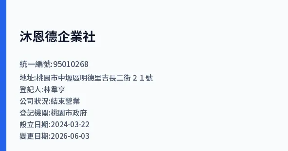 沐恩德企業社的照片-統編 95010268(桃園市) 公司登記資料與營業項目詳細圖表