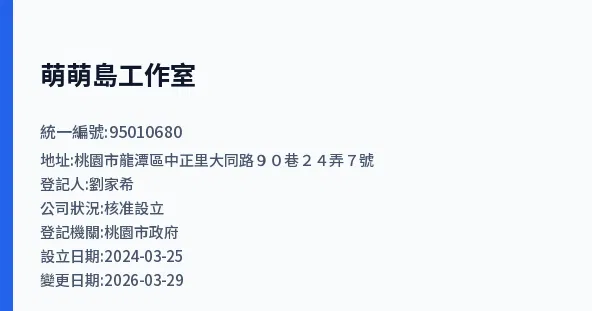 萌萌島工作室的照片-統編 95010680(桃園市) 公司登記資料與營業項目詳細圖表