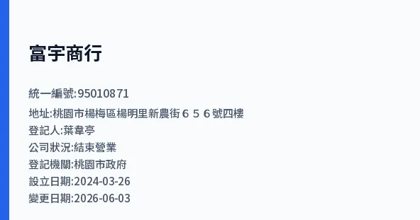 富宇商行的照片-統編 95010871(桃園市) 公司登記資料與營業項目詳細圖表