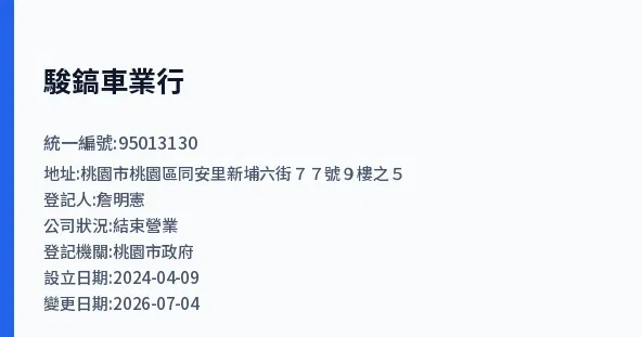 駿鎬車業行的照片-統編 95013130(桃園市) 公司登記資料與營業項目詳細圖表