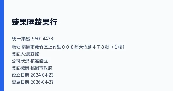 臻果匯蔬果行的照片-統編 95014433(桃園市) 公司登記資料與營業項目詳細圖表