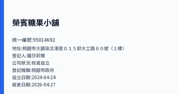 榮賓糖果小舖的照片-統編 95014692(桃園市) 公司登記資料與營業項目詳細圖表