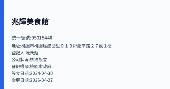 兆輝美食館的照片-統編 95015448(桃園市) 公司登記資料與營業項目詳細圖表