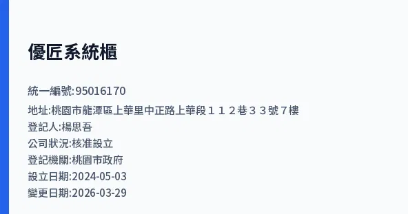 優匠系統櫃的照片-統編 95016170(桃園市) 公司登記資料與營業項目詳細圖表