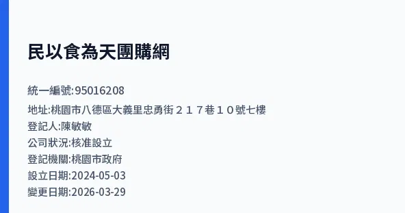 民以食為天團購網的照片-統編 95016208(桃園市) 公司登記資料與營業項目詳細圖表