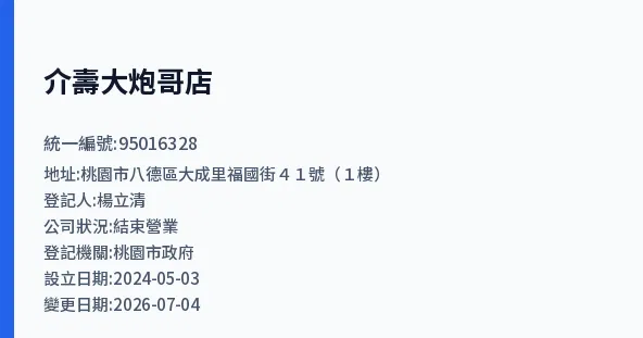 介壽大炮哥店的照片-統編 95016328(桃園市) 公司登記資料與營業項目詳細圖表