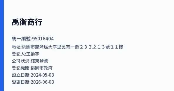 禹衡商行的照片-統編 95016404(桃園市) 公司登記資料與營業項目詳細圖表