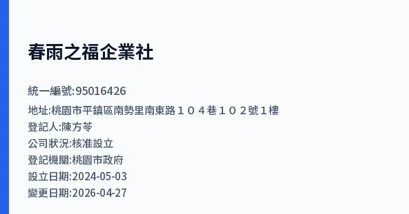 春雨之福企業社的照片-統編 95016426(桃園市) 公司登記資料與營業項目詳細圖表