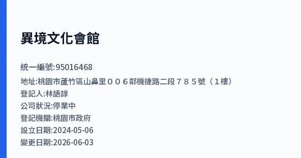 異境文化會館的照片-統編 95016468(桃園市) 公司登記資料與營業項目詳細圖表