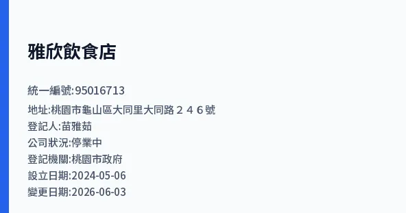 雅欣飲食店的照片-統編 95016713(桃園市) 公司登記資料與營業項目詳細圖表