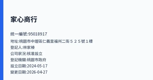 家心商行的照片-統編 95018917(桃園市) 公司登記資料與營業項目詳細圖表