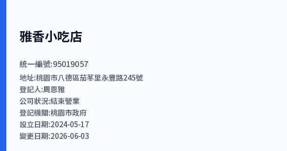雅香小吃店的照片-統編 95019057(桃園市) 公司登記資料與營業項目詳細圖表