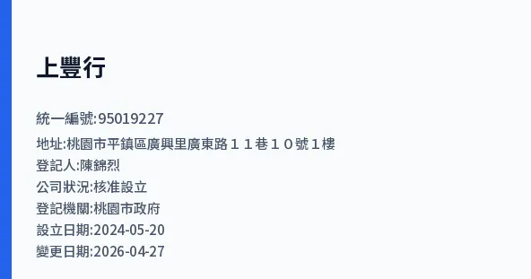 上豐行的照片-統編 95019227(桃園市) 公司登記資料與營業項目詳細圖表