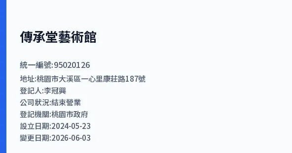 傳承堂藝術館的照片-統編 95020126(桃園市) 公司登記資料與營業項目詳細圖表