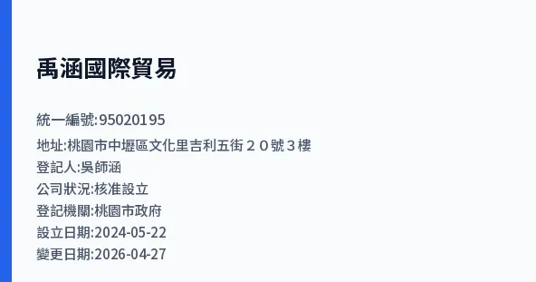 禹涵國際貿易的照片-統編 95020195(桃園市) 公司登記資料與營業項目詳細圖表