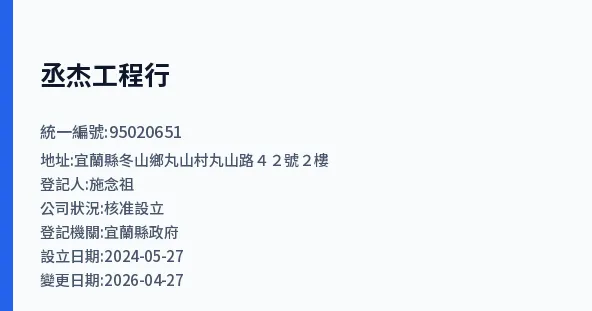 丞杰工程行的照片-統編 95020651(宜蘭縣) 公司登記資料與營業項目詳細圖表