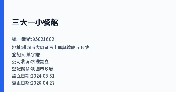三大一小餐館的照片-統編 95021602(桃園市) 公司登記資料與營業項目詳細圖表