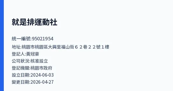 就是排運動社的照片-統編 95021954(桃園市) 公司登記資料與營業項目詳細圖表