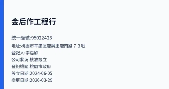 金后作工程行的照片-統編 95022428(桃園市) 公司登記資料與營業項目詳細圖表