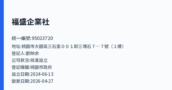 福盛企業社的照片-統編 95023720(桃園市) 公司登記資料與營業項目詳細圖表