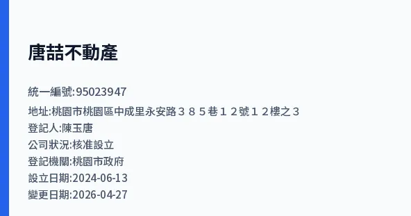 唐喆不動產的照片-統編 95023947(桃園市) 公司登記資料與營業項目詳細圖表