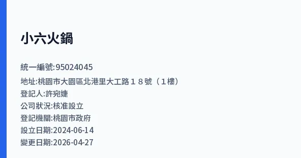小六火鍋的照片-統編 95024045(桃園市) 公司登記資料與營業項目詳細圖表