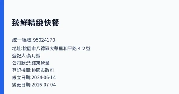臻鮮精緻快餐的照片-統編 95024170(桃園市) 公司登記資料與營業項目詳細圖表