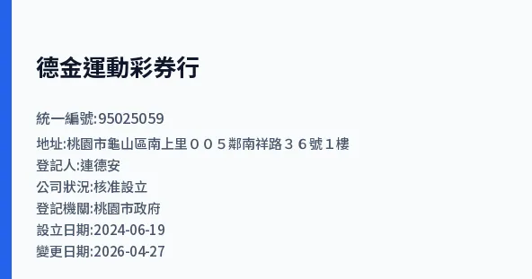 德金運動彩券行的照片-統編 95025059(桃園市) 公司登記資料與營業項目詳細圖表