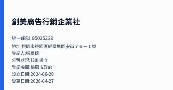 創美廣告行銷企業社的照片-統編 95025229(桃園市) 公司登記資料與營業項目詳細圖表