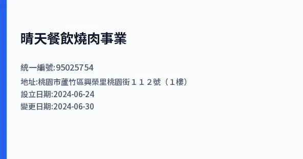 晴天餐飲燒肉事業的照片-統編 95025754(桃園市) 公司登記資料與營業項目詳細圖表