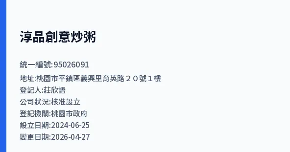 淳品創意炒粥的照片-統編 95026091(桃園市) 公司登記資料與營業項目詳細圖表