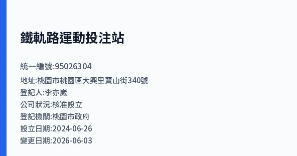 鐵軌路運動投注站的照片-統編 95026304(桃園市) 公司登記資料與營業項目詳細圖表