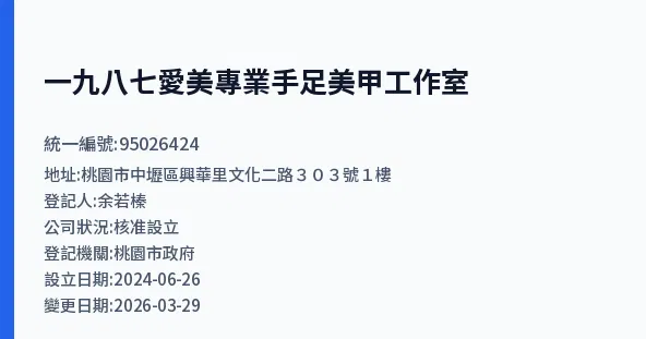 一九八七愛美專業手足美甲工作室的照片-統編 95026424(桃園市) 公司登記資料與營業項目詳細圖表