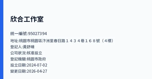 欣合工作室的照片-統編 95027394(桃園市) 公司登記資料與營業項目詳細圖表