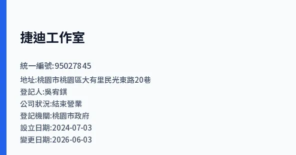 捷迪工作室的照片-統編 95027845(桃園市) 公司登記資料與營業項目詳細圖表