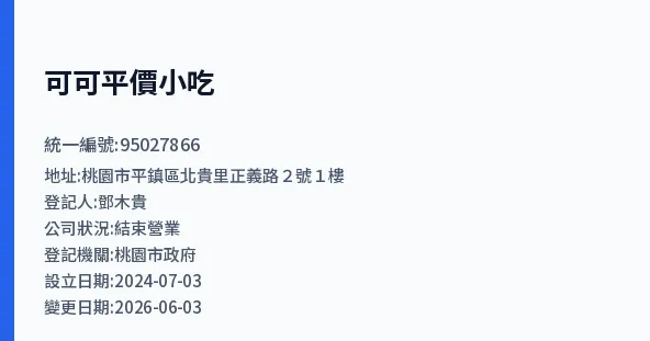 可可平價小吃的照片-統編 95027866(桃園市) 公司登記資料與營業項目詳細圖表