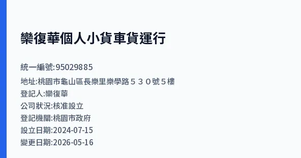 欒復華個人小貨車貨運行的照片-統編 95029885(桃園市) 公司登記資料與營業項目詳細圖表