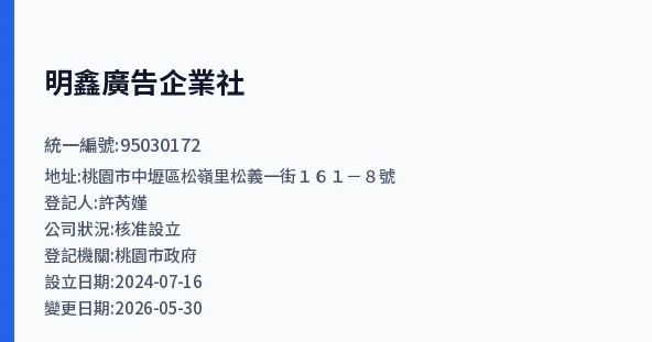 明鑫廣告企業社的照片-統編 95030172(桃園市) 公司登記資料與營業項目詳細圖表