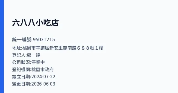 六八八小吃店的照片-統編 95031215(桃園市) 公司登記資料與營業項目詳細圖表