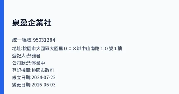 泉盈企業社的照片-統編 95031284(桃園市) 公司登記資料與營業項目詳細圖表