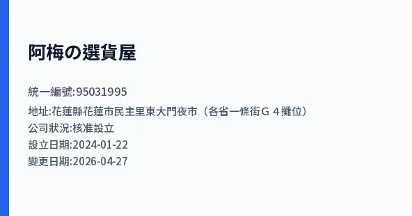 阿梅の選貨屋的照片-統編 95031995(花蓮縣) 公司登記資料與營業項目詳細圖表