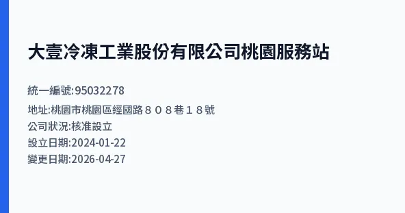 大壹冷凍工業股份有限公司桃園服務站的照片-統編 95032278(桃園市) 公司登記資料與營業項目詳細圖表