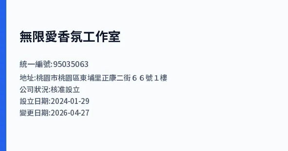 無限愛香氛工作室的照片-統編 95035063(桃園市) 公司登記資料與營業項目詳細圖表