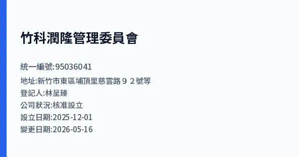 竹科潤隆管理委員會的照片-統編 95036041(新竹市) 公司登記資料與營業項目詳細圖表